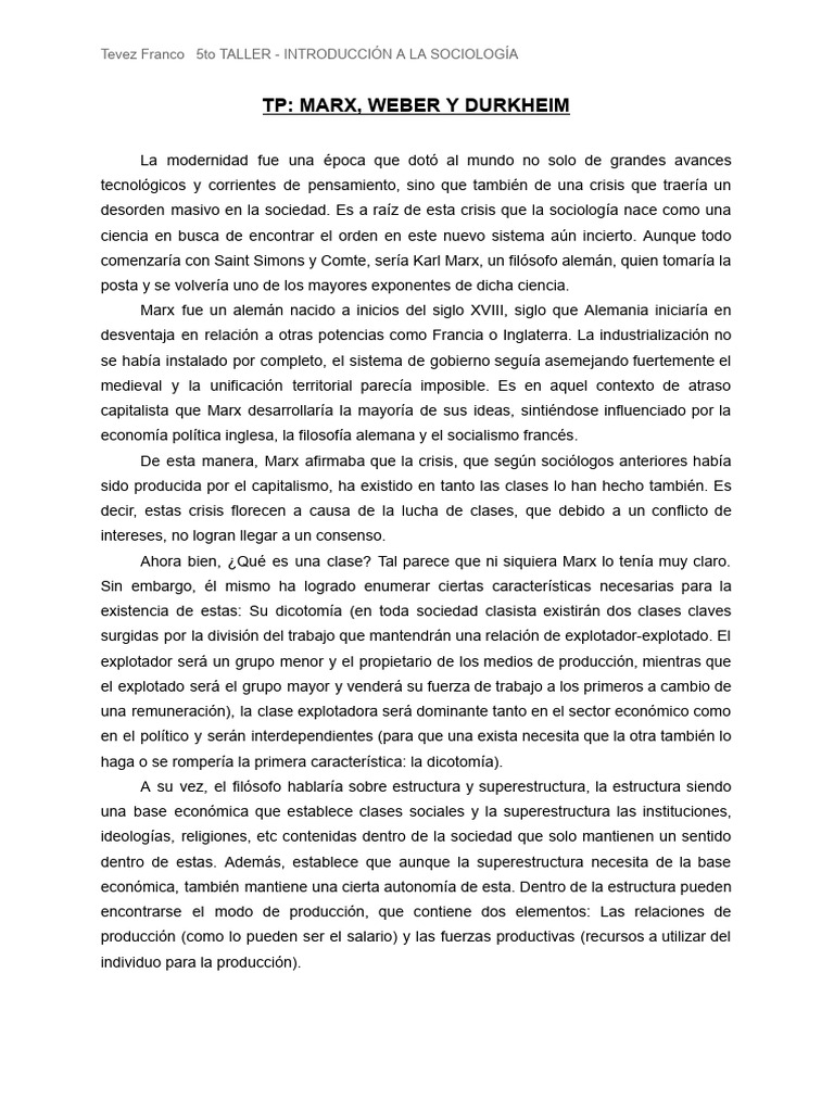 RELACIÓN MARX-WEBER-DURKHEIM (TP de Nivel Secundario) | PDF | Emile ...