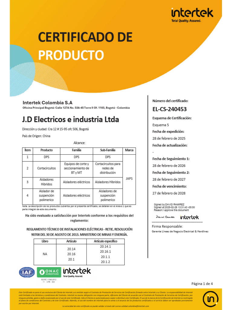 CERTIFICADO de PRODUCTO 2025 Cortacircuitos, Pararrayos, Aisladores | PDF