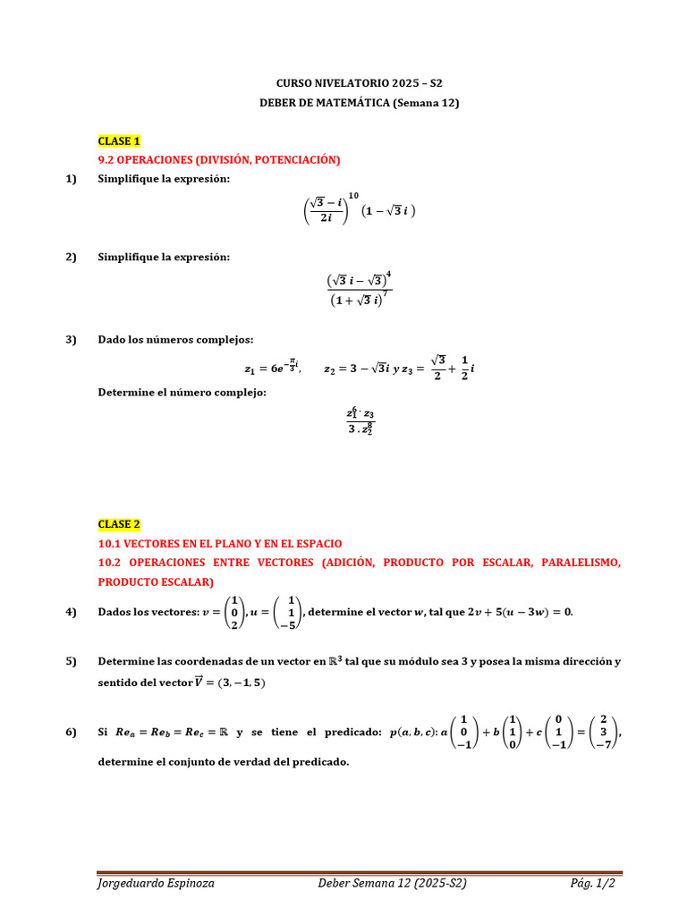 Deber Semana 12 - 2025-S2 | PDF | Vector Euclidiano | Física Matemática