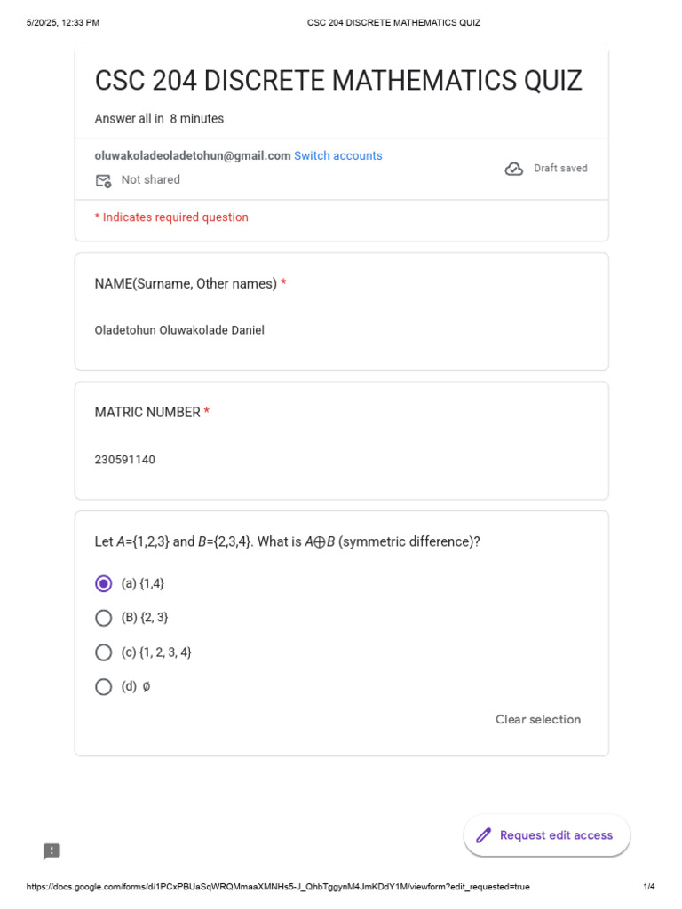CSC 204 Discrete Mathematics Quiz | PDF