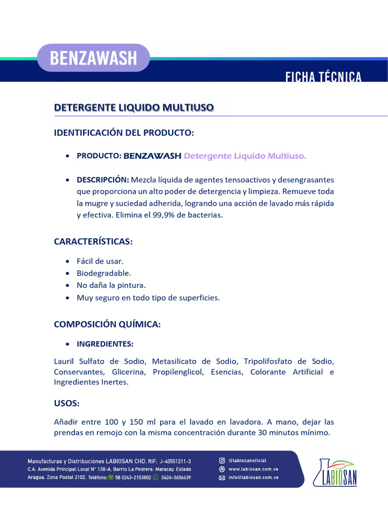 Detergente Multiuso Benzawash | PDF | Detergente | Agua