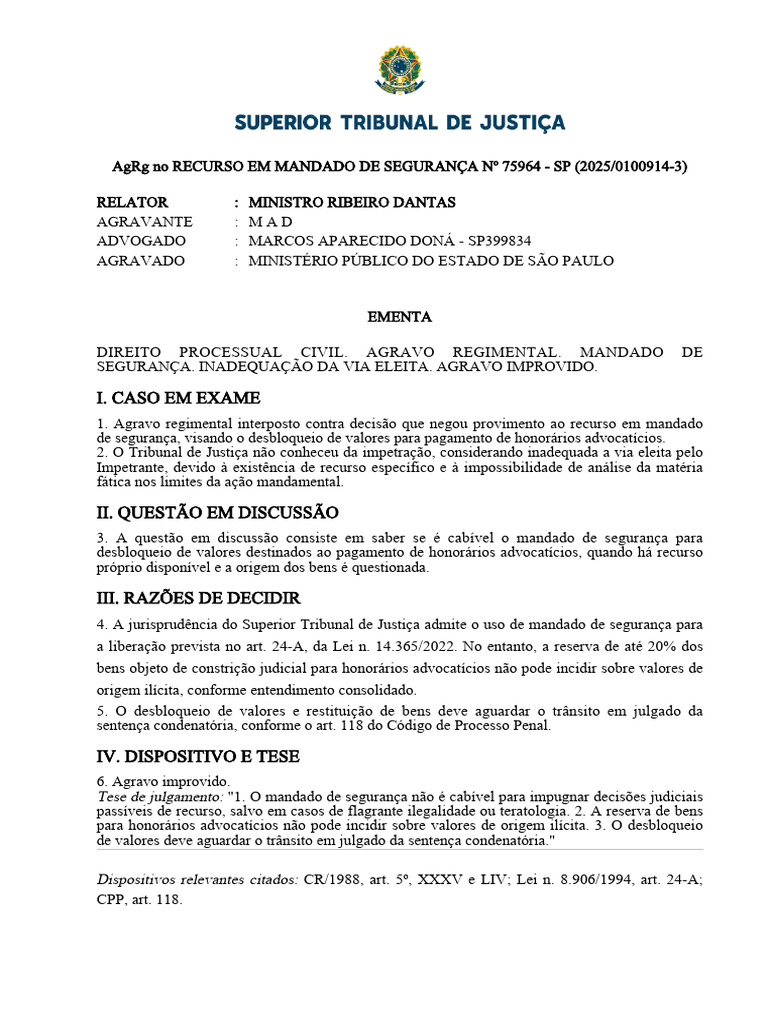 Agravo Regimental em Mandado de Segurança | PDF | Mandamus | Sentença ...