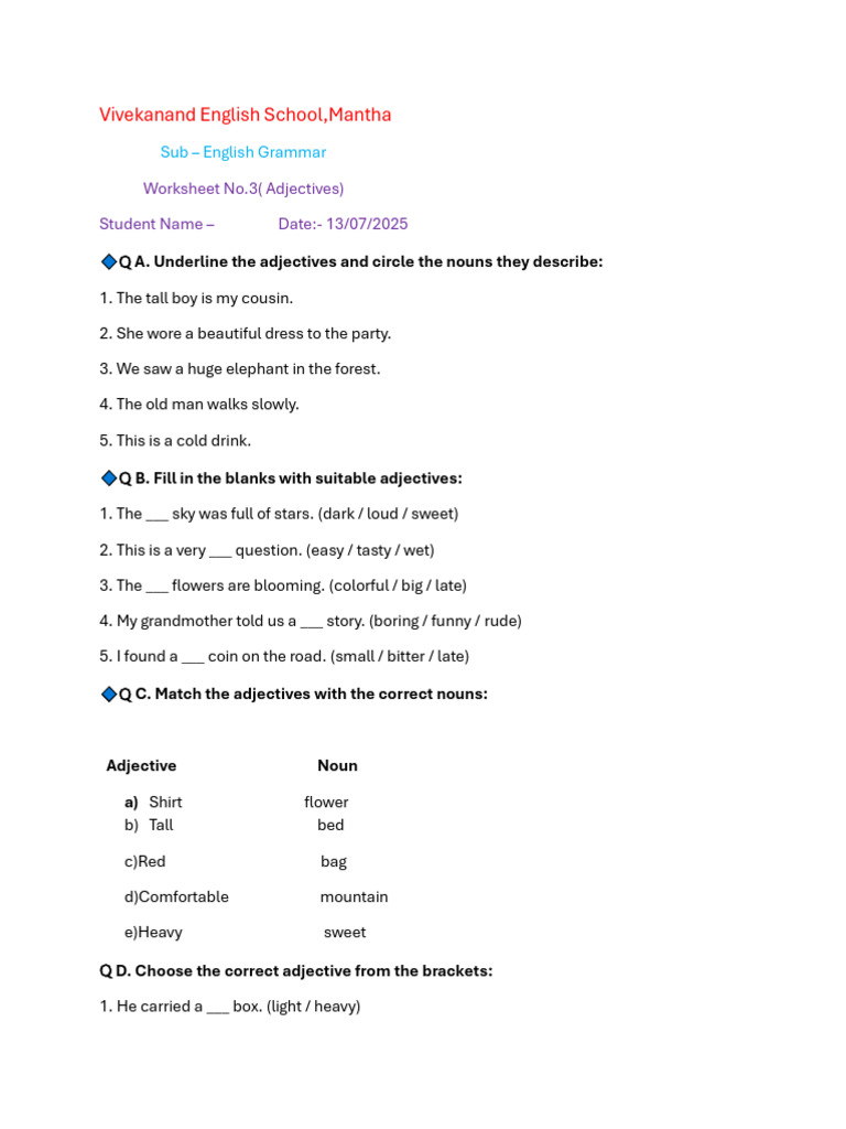 Worksheet - Adjectives - Class - 6th | PDF