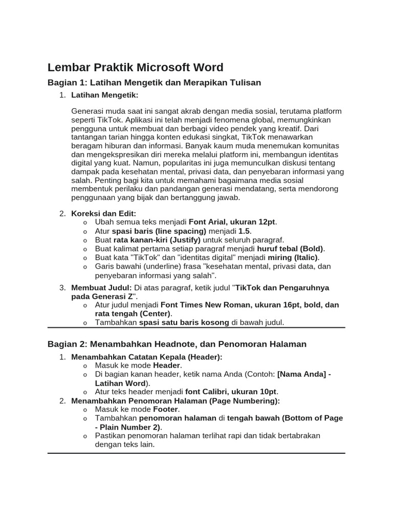 Lembar Praktik Microsoft Word Bulan Ke 1 | PDF