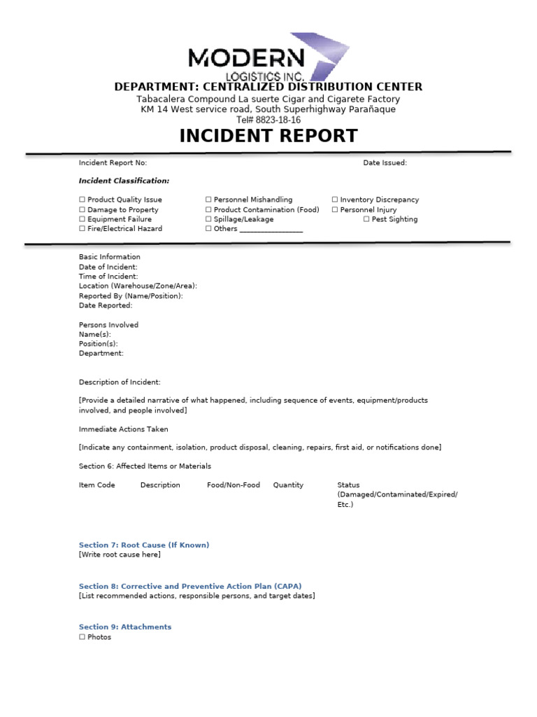 Warehouse Incident Report Form | PDF