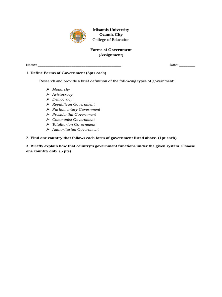 Forms of Government Assignment | PDF