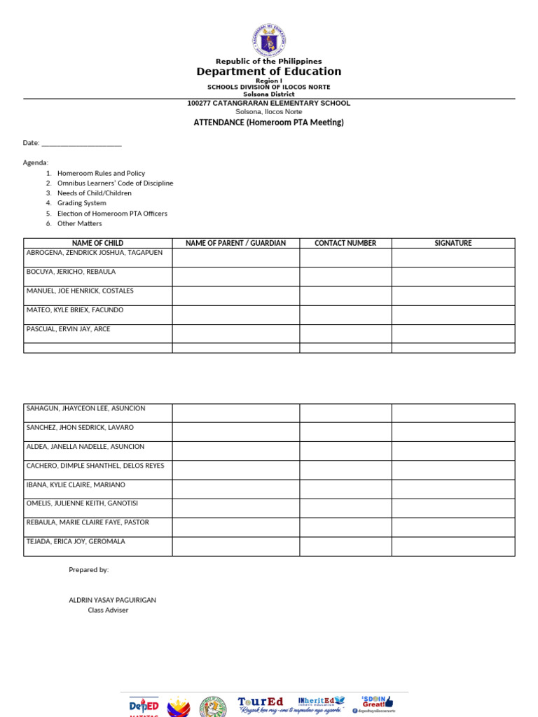 Catangraran Elementary PTA Meeting Agenda | PDF | Schools | Educational ...