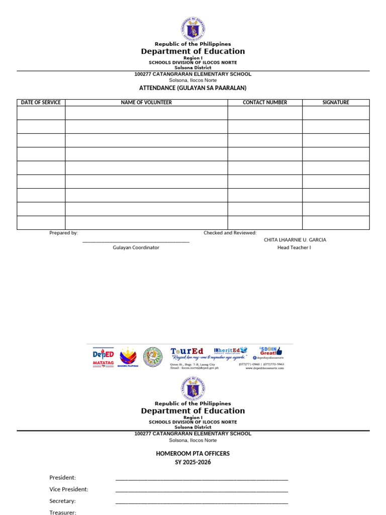 Catangraran Elementary School Attendance Form | PDF