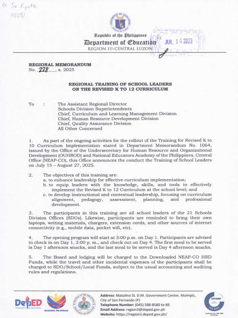 RM No. 228 s.2025 Regional Training of School Leaders On The Revised K To 12 Curriculum | PDF