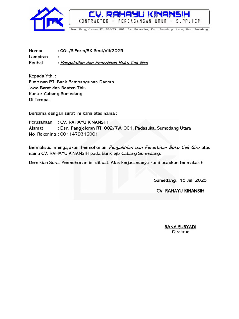 Surat Permohonan Penerbitan Cek Giro | PDF