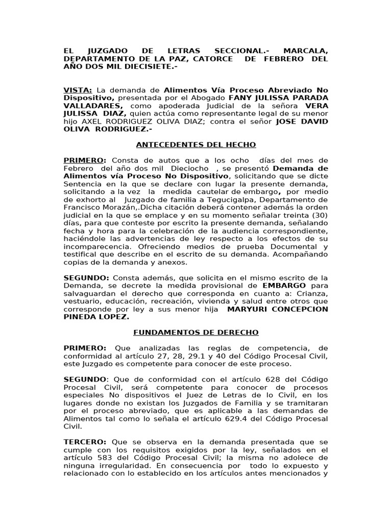 Autos de Admision Demanda de Alimentos. - Inaudita Parte.-171-160-15 ...