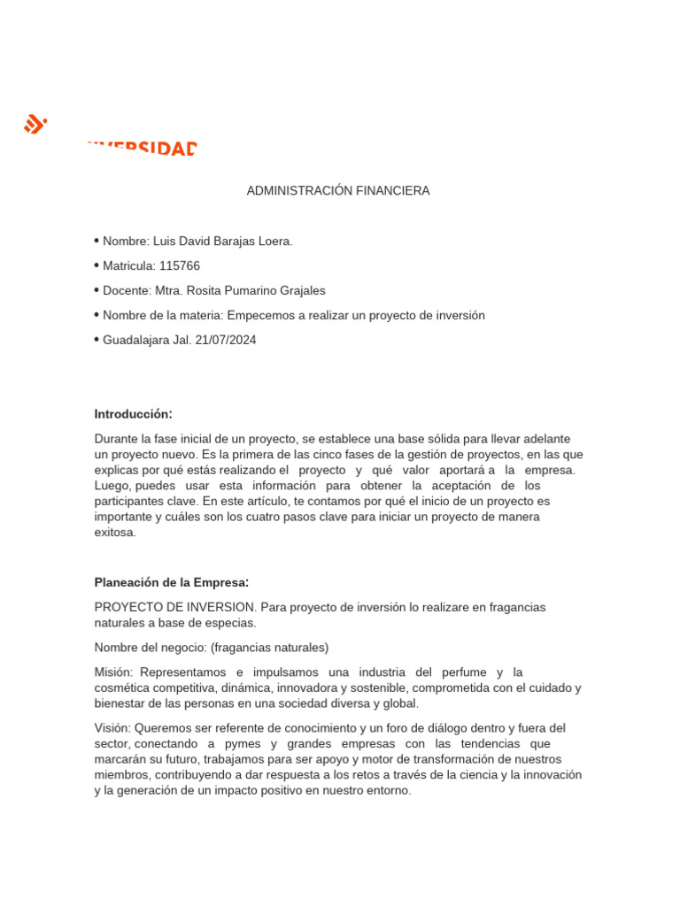 Adminitracion Financiera. Empecemos A Elaborar Un Proyecto de Inversion ...