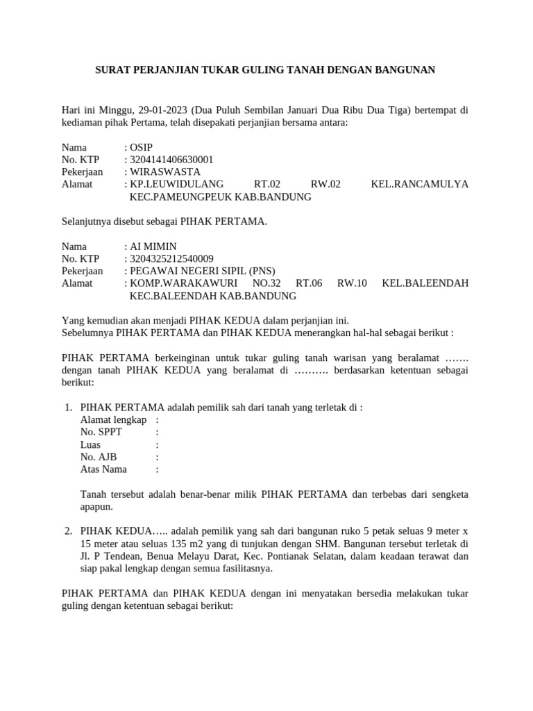 Perjanjian Tukar Guling Tanah dan Bangunan | PDF