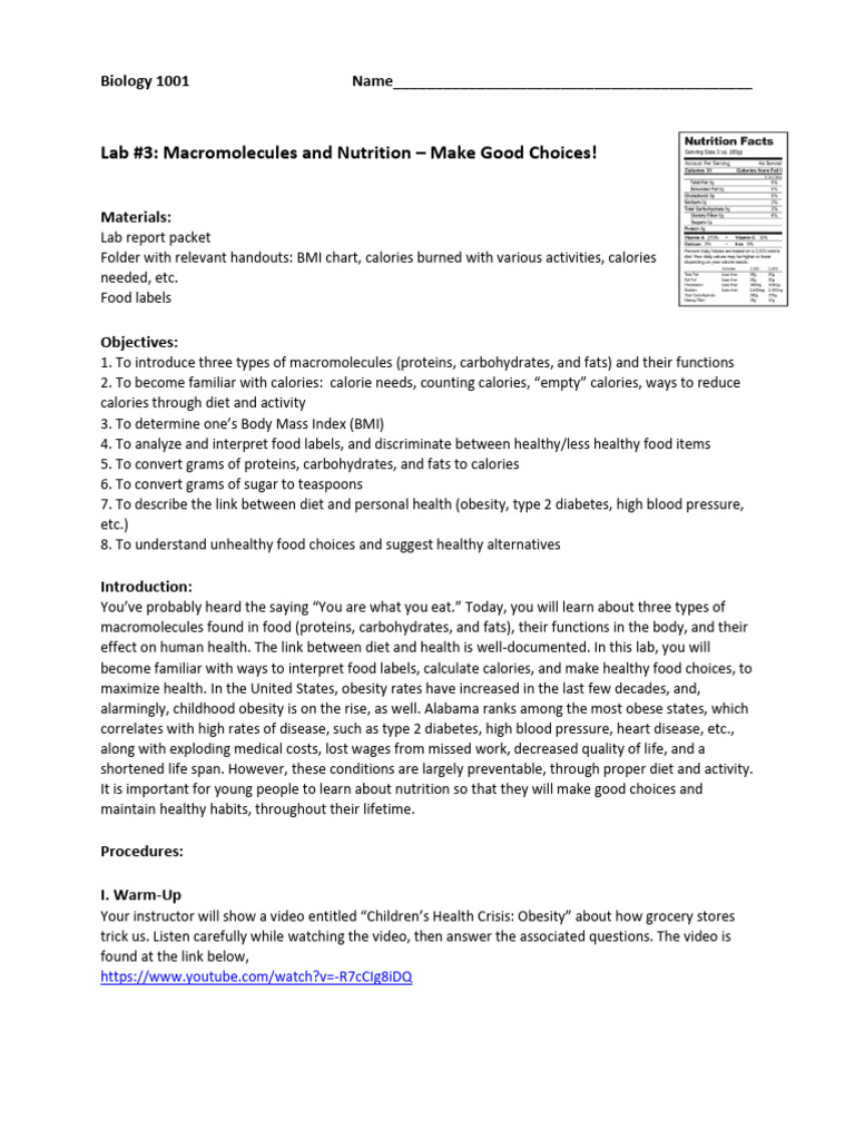 Macromolecules and Nutrition Lab Guide | PDF | Food Energy | Body Mass ...
