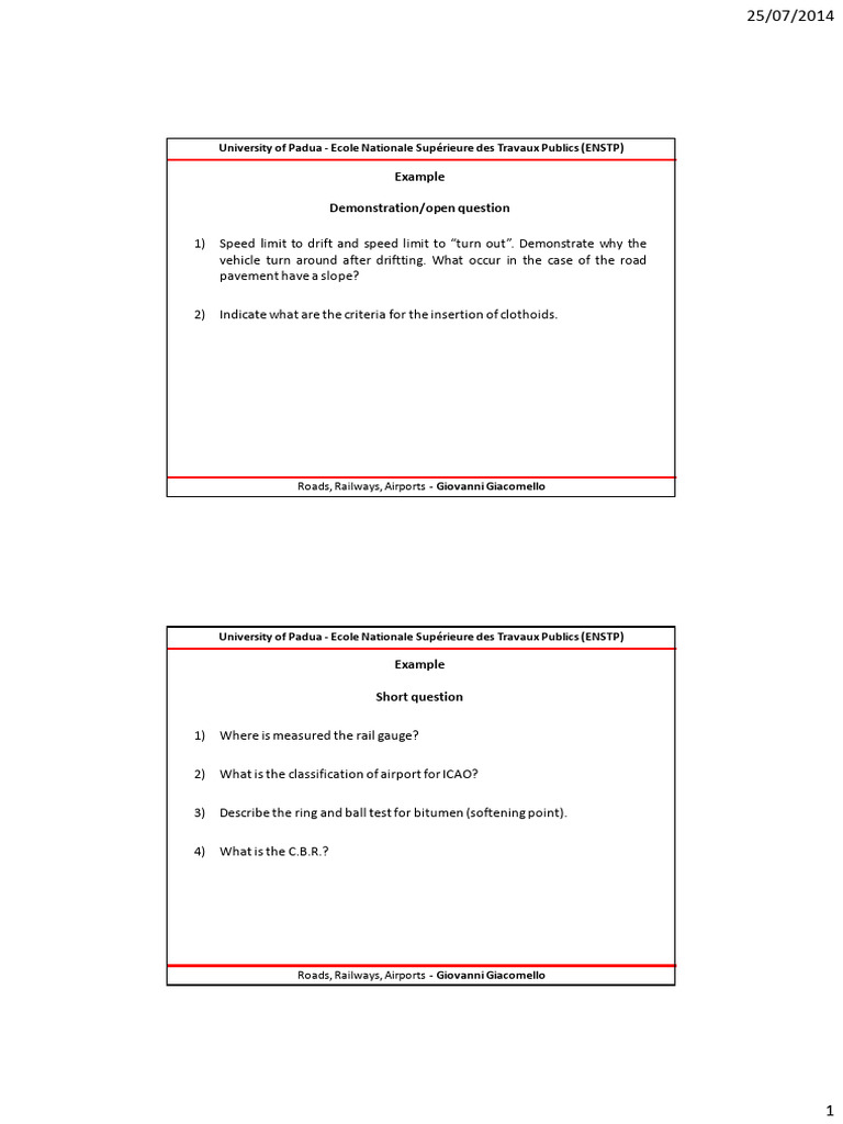 Transport Engineering Exam Questions | PDF