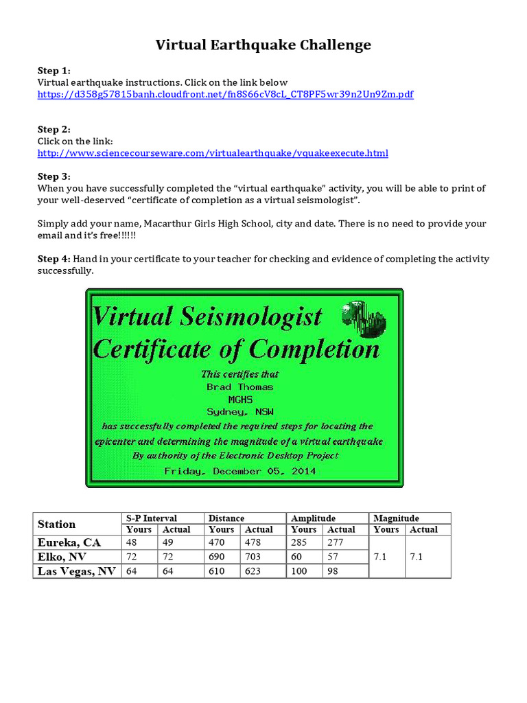 Virtual Earthquake Challenge | PDF