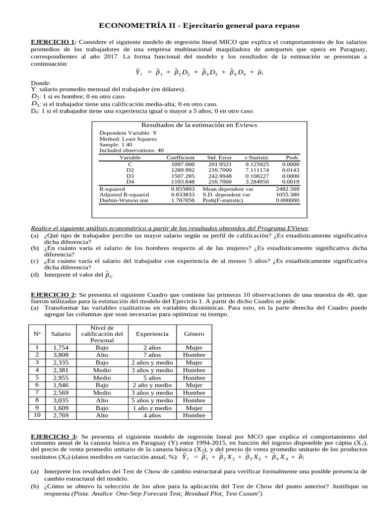Econometría II - Ejercitario Gral Repaso - 16-Jun | PDF | Regresión lineal | Mínimos cuadrados ...