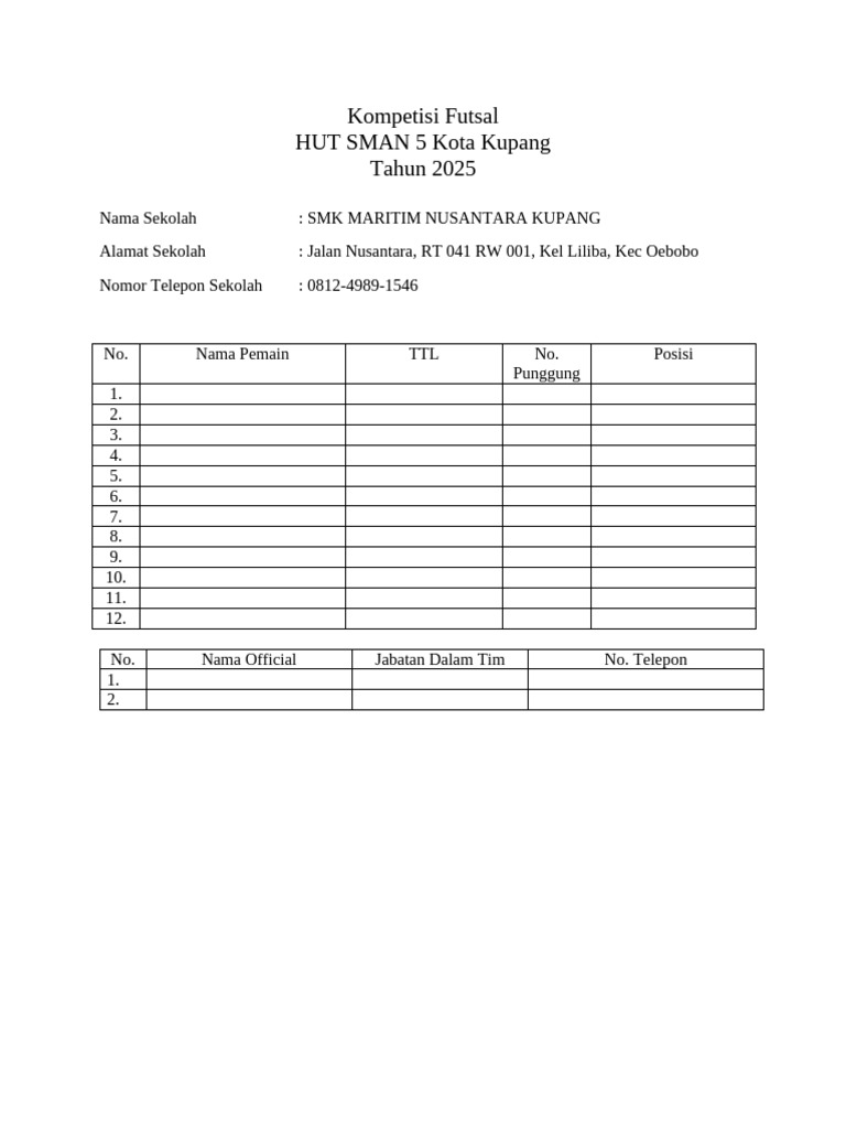 Kompetisi Futsal HUT SMAN 5 Kupang 2025 | PDF