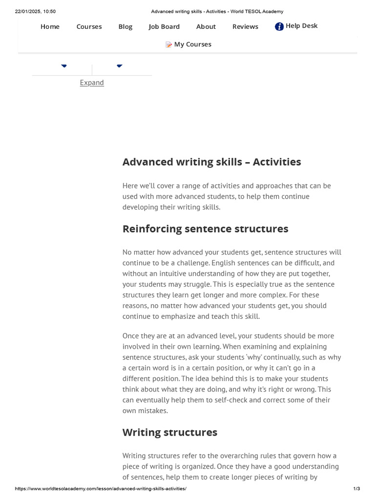 Advanced Writing Skills - Activities - World TESOL Academy | PDF ...