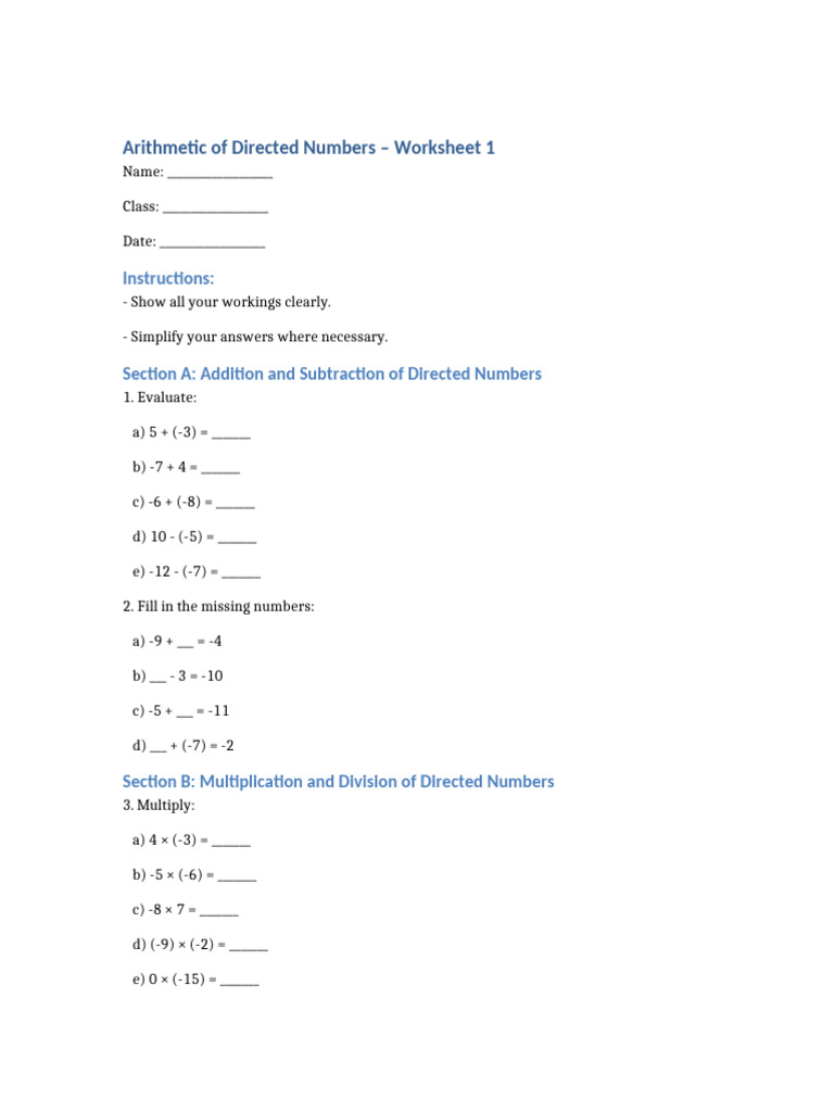 Directed Numbers Worksheet for Grade 7 | PDF
