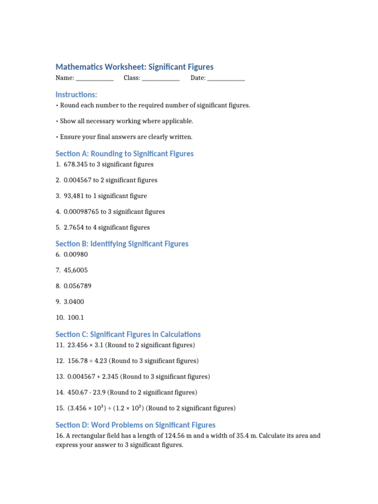 Significant Figures Worksheet | PDF