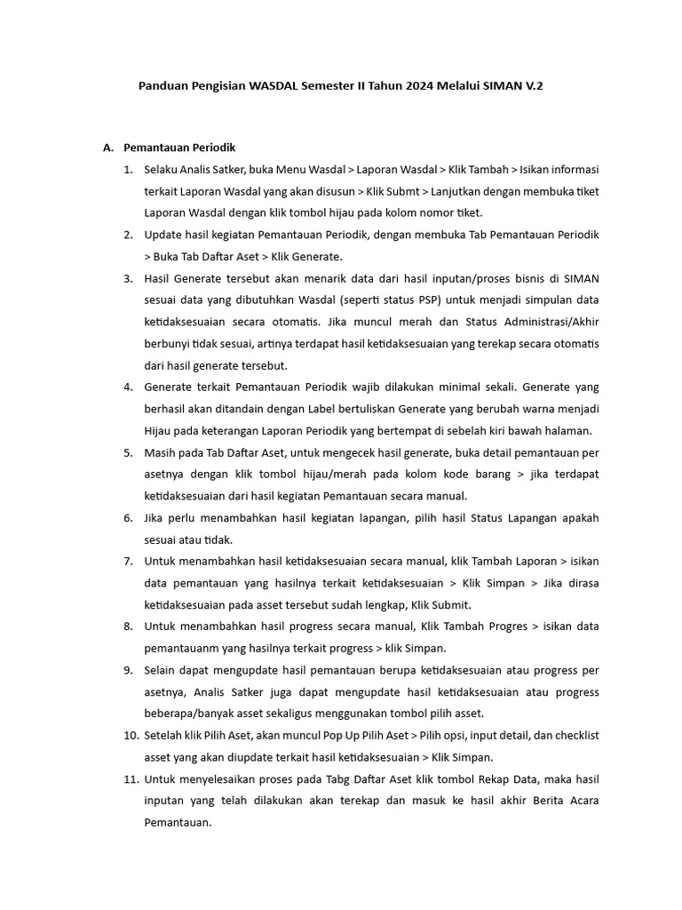 Panduan Pengisian WASDAL Semester II Tahun 2024 Melalui SIMAN V | PDF