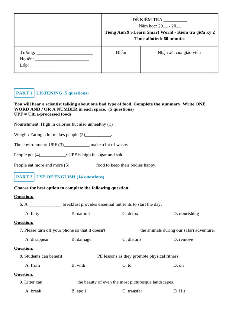 English 9 Midterm Exam Template | PDF