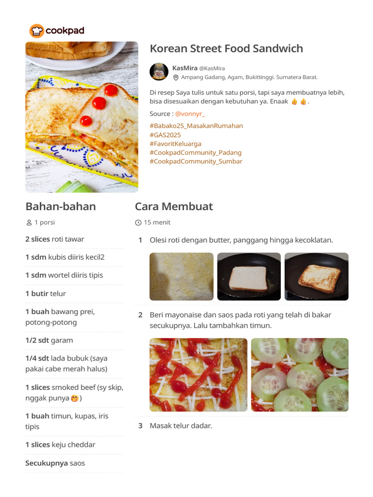 Resep Korean Street Food Sandwich Oleh KasMira - Cookpad | PDF