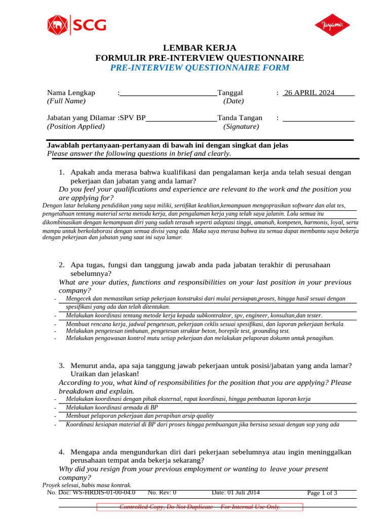 Pre Interview Questionnaire Form | PDF