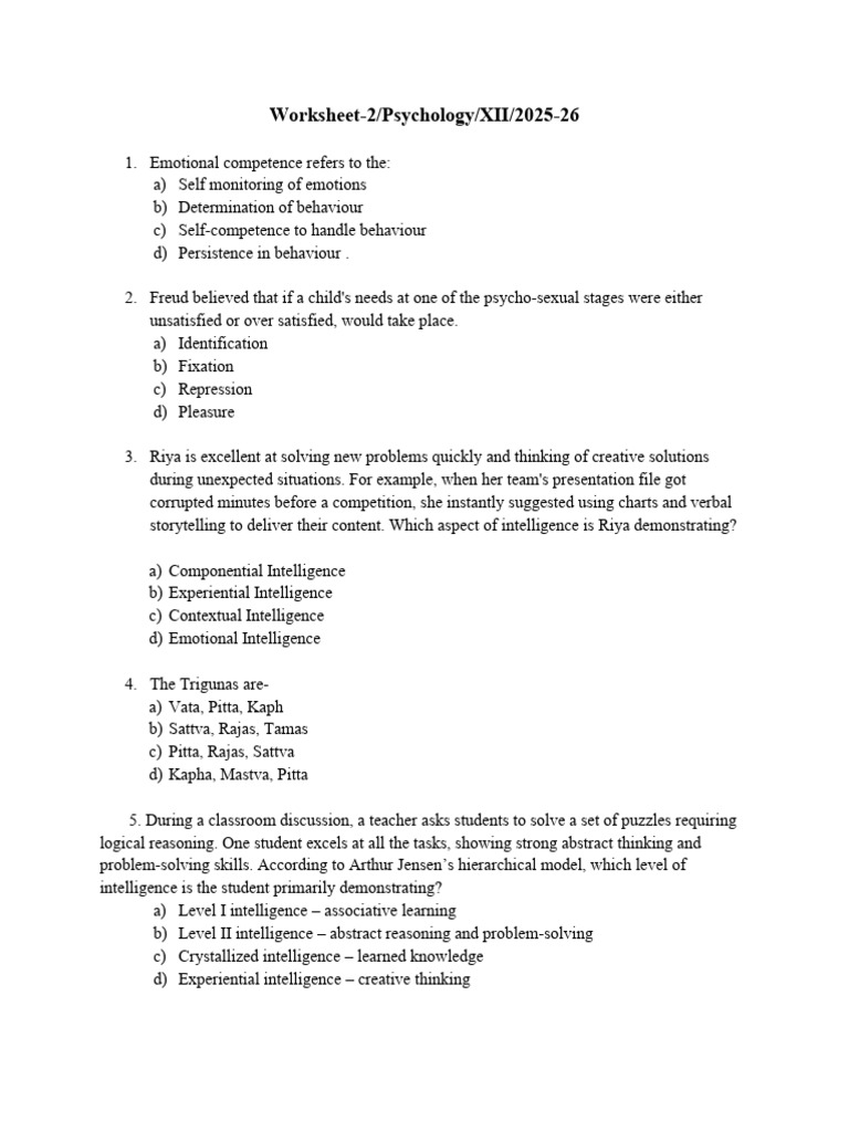 Psychology Worksheet for Class XII 2025-26 | PDF | Intelligence ...