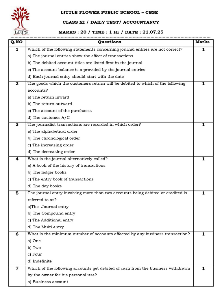 11 ACC QP Daily Test Journal 21.7.25 | PDF | Debits And Credits | Money
