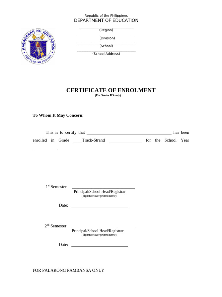 Senior High School Enrollment Certificate | PDF
