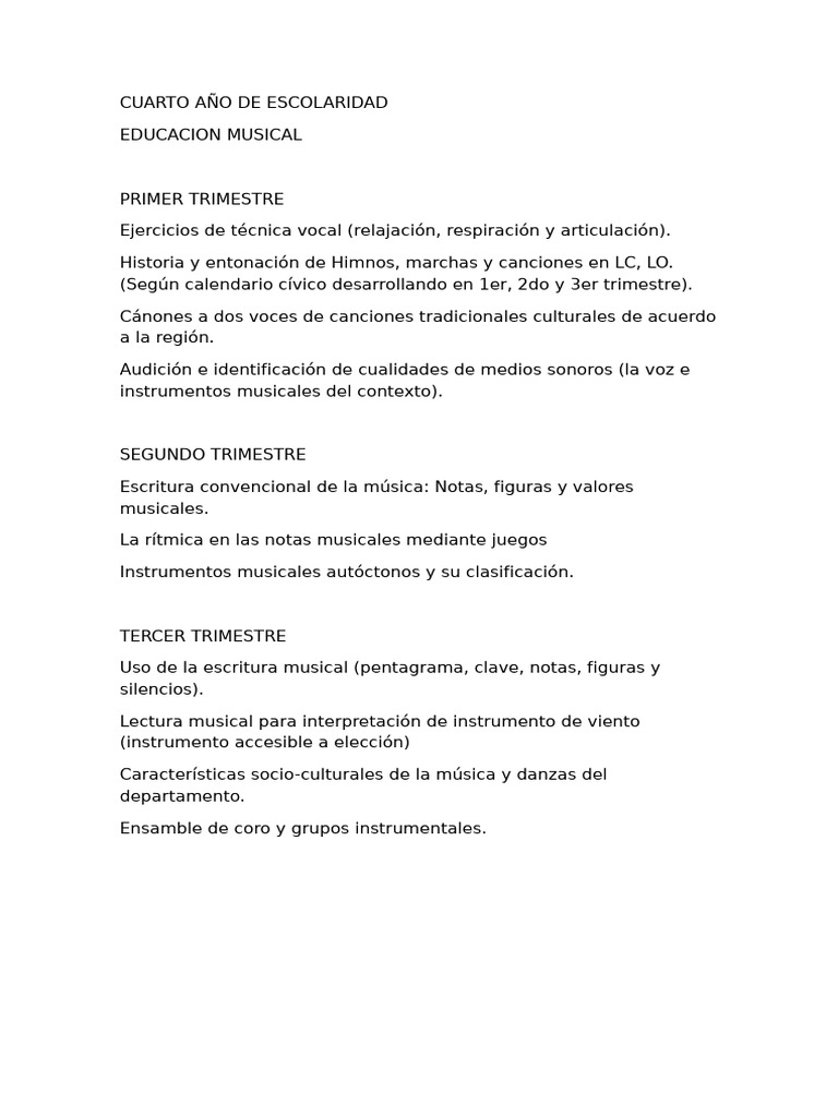 4to, Contenidos Ed. Musical | PDF