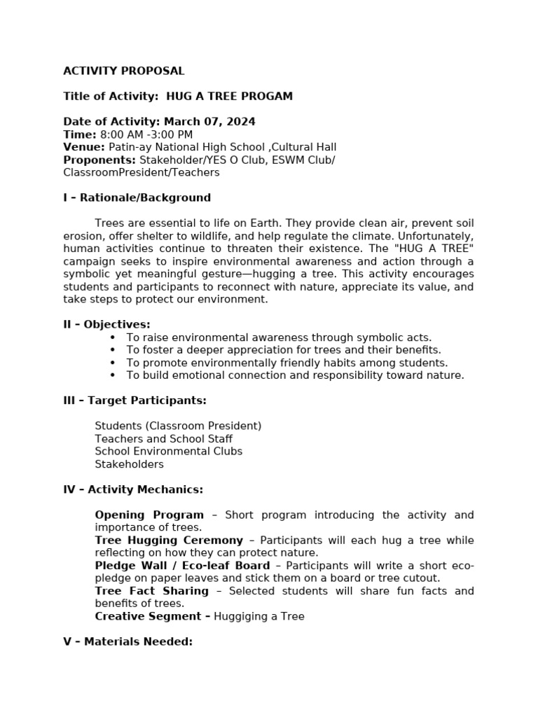 Hug A Tree Activity Proposal | PDF | Natural Environment