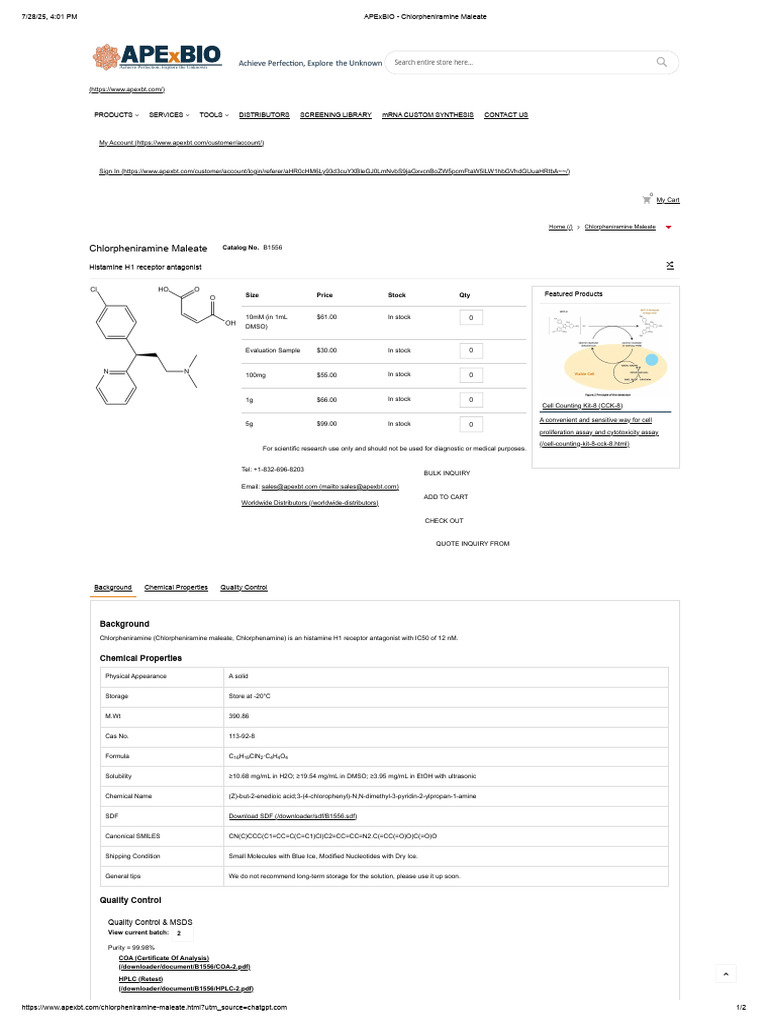 APExBIO - Chlorpheniramine Maleate | PDF