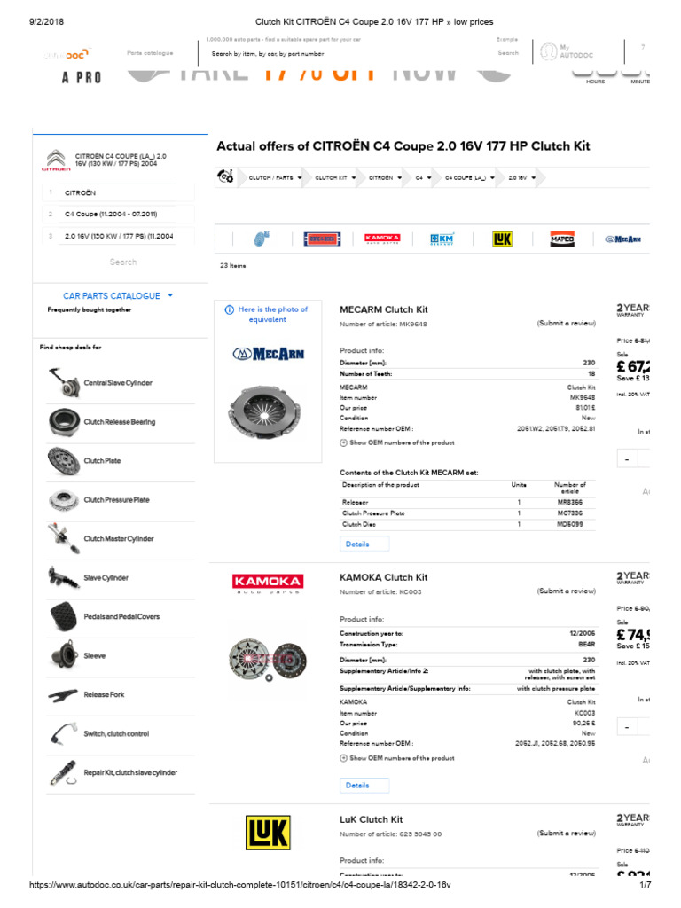 Clutch Kit CITROЁN C4 Coupe 2.0 16V 177 HP » Low Prices | PDF | Clutch ...