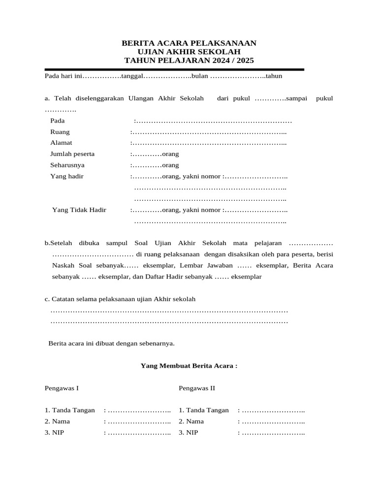 Berita Acara Pelaksanaan Ujian Sekolah | PDF