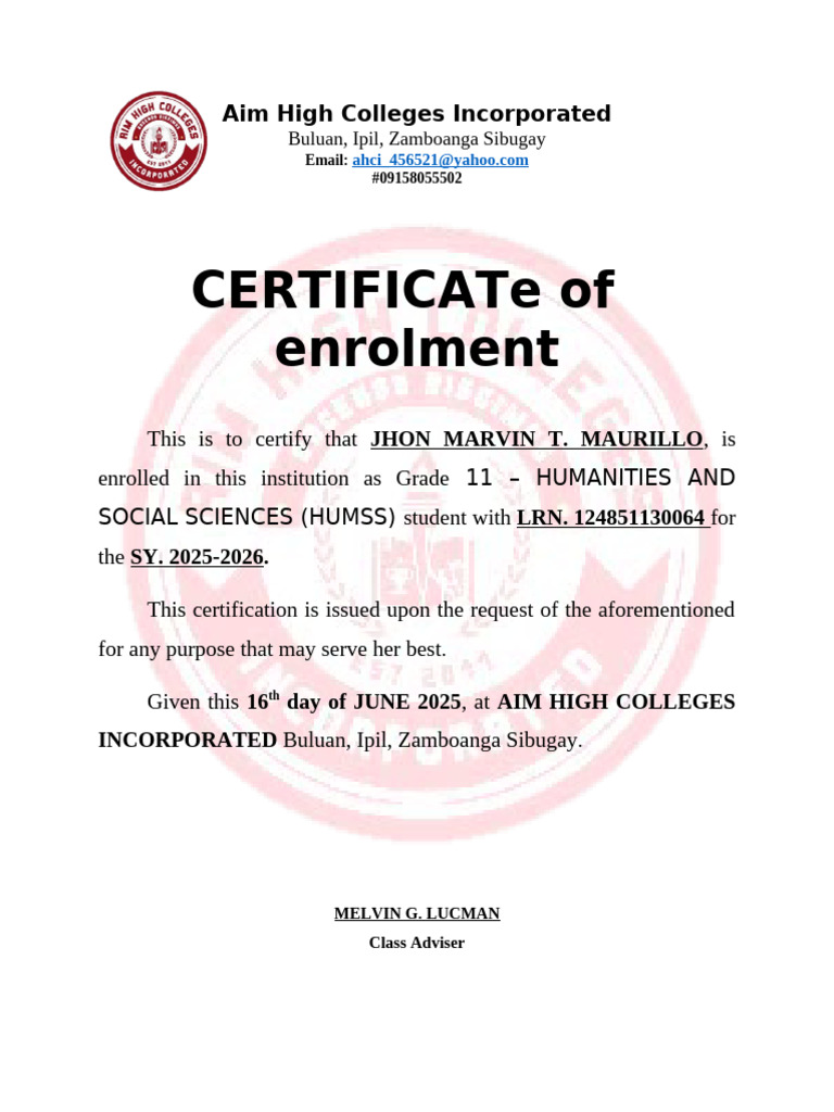 SHS Enrollment Certificates 2025-2026 | PDF