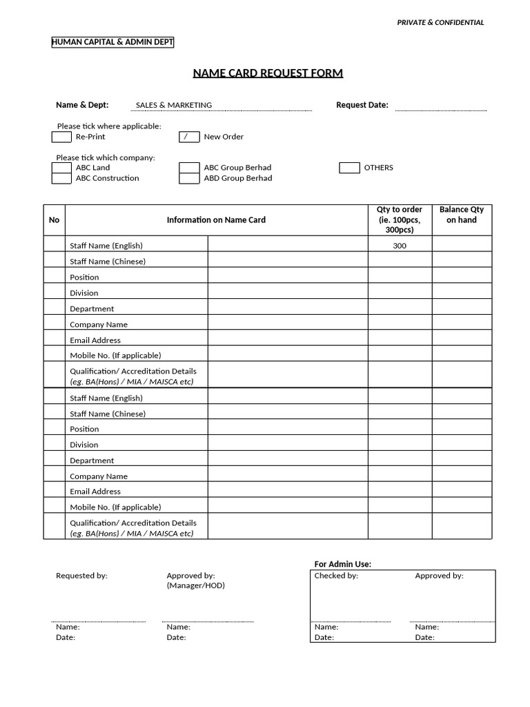 Name Card Request Form Template | PDF