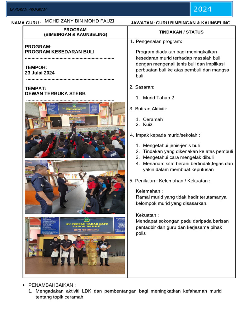 Laporan Program Kesedaran Buli 2024 | PDF