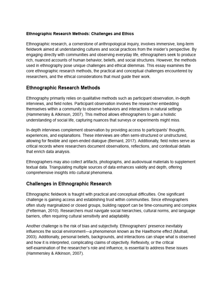 Ethnographic Research Methods - Challenges and Ethics | PDF ...