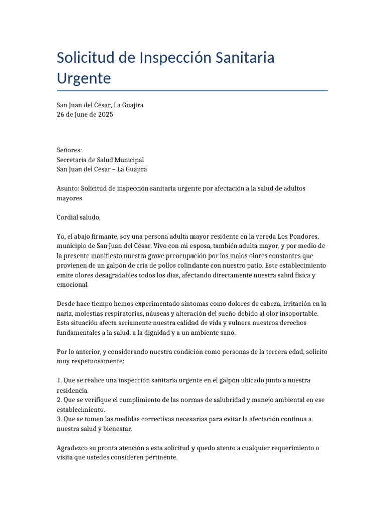 Solicitud Inspeccion Sanitaria Los Pondores | PDF