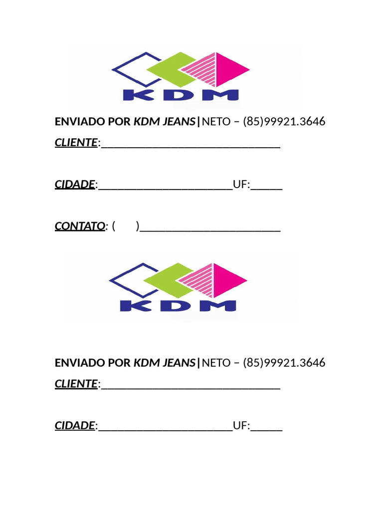 Formulário de Contato KDM Jeans | PDF
