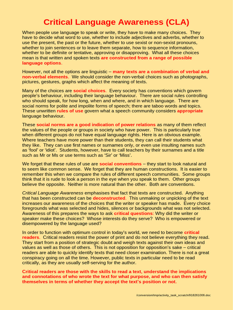 1 Critical Literacy Awareness | PDF | Nonverbal Communication | Human ...