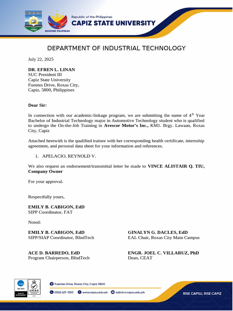 OJT Approval for Automotive Student | PDF