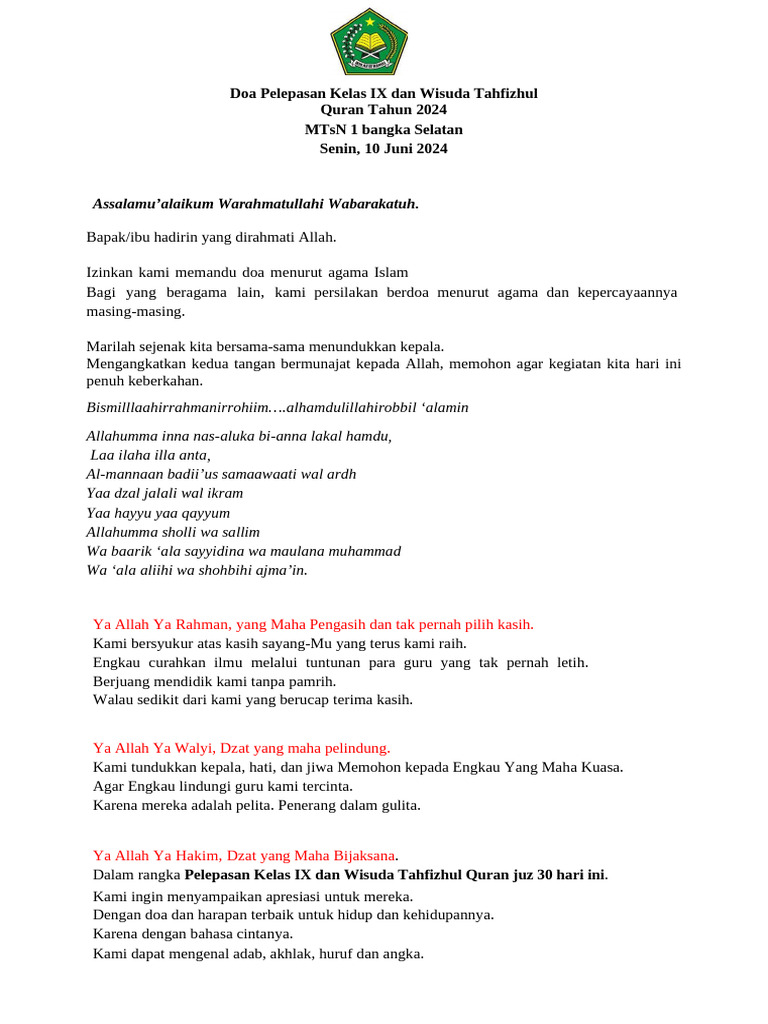 Doa Wisuda Tahfizhul Quran 2024 | PDF