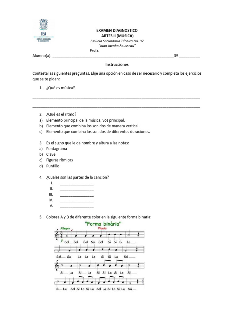Examen Diagnostico 3ro - Docx Versión 1 | PDF | Elementos de la música ...