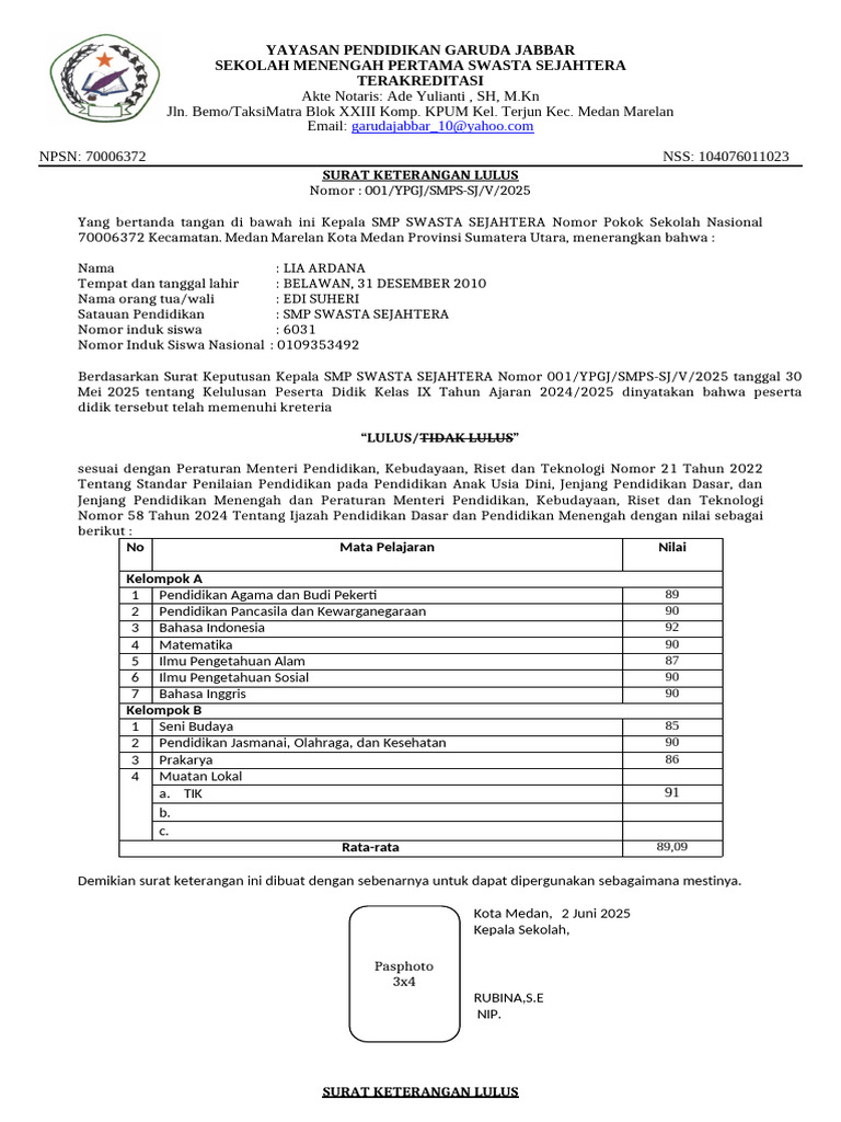 Surat Keterangan Lulus SMP Sejahtera | PDF