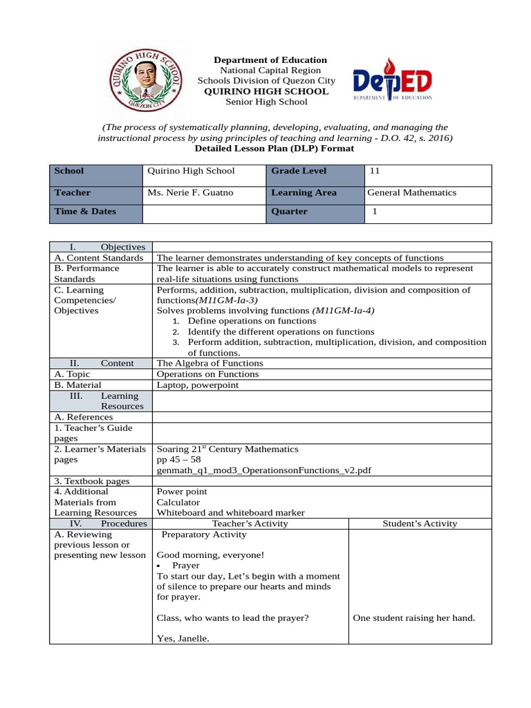 SHS Lesson Plan | PDF | Function (Mathematics) | Lesson Plan