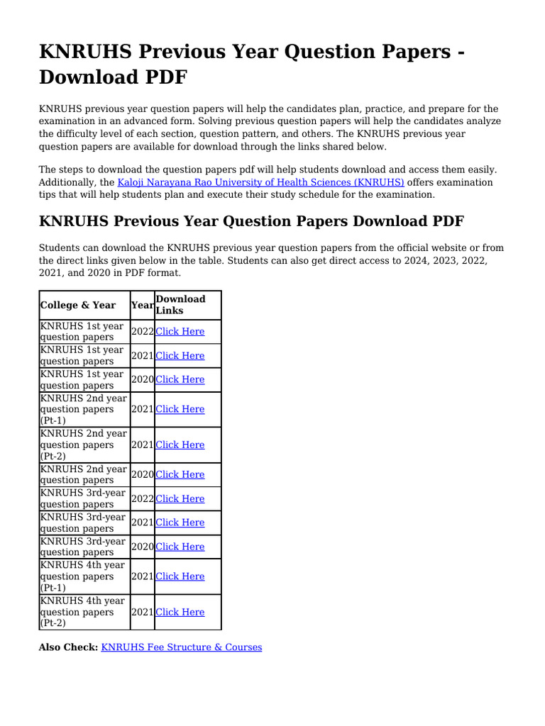 Knruhs Previous Year Question Papers | PDF